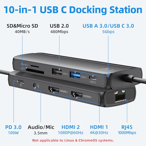 USB C Laptop Docking Station Dual Monitor,4K USB C Triple Display Docking Station,with Ethernet,3USB3.0,2 USB2.0,PD,USB C Port,SD/TF