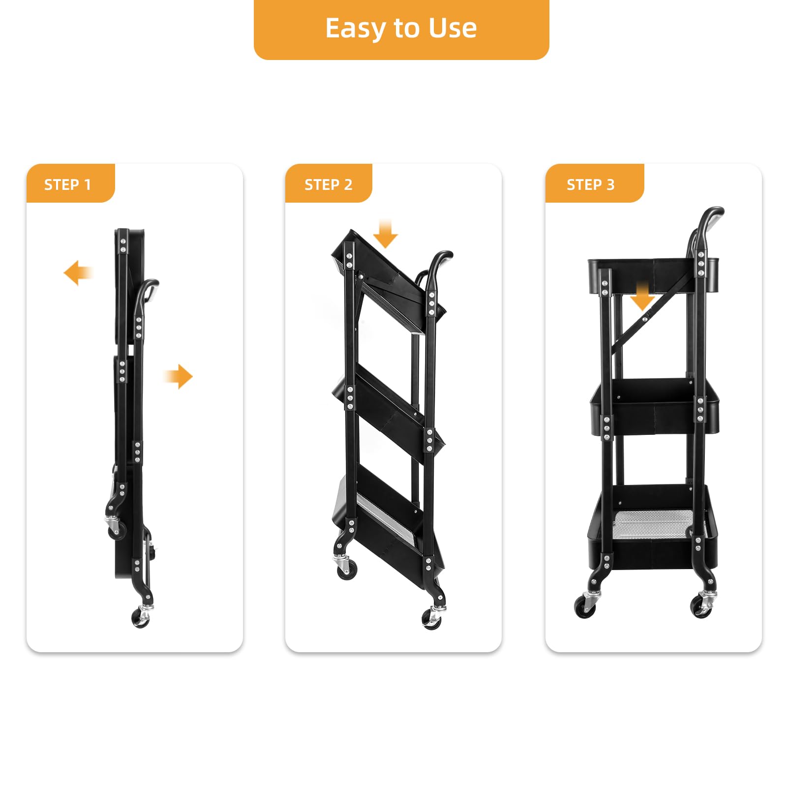 3 Tier Folding Rolling Storage Cart, Foldable Utility Cart with Wheels, Collapsible Rolling Cart Organizer with 3 Hanging Cups & 6 Hooks for Kitchen, Office, Nursery(Black)