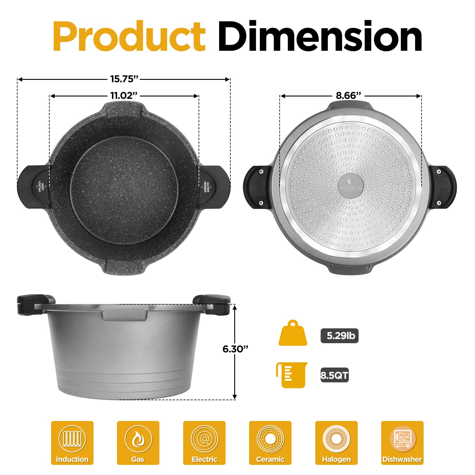 8.5 Quart Stock Pot with Strainer Lid, Multipurpose Pasta Pot Spaghetti Pot, PFOA free, Three-layer Non-stick coating, Dishwasher Safe, Tempered Glass Lockable Lid, Cast Aluminium, Grey