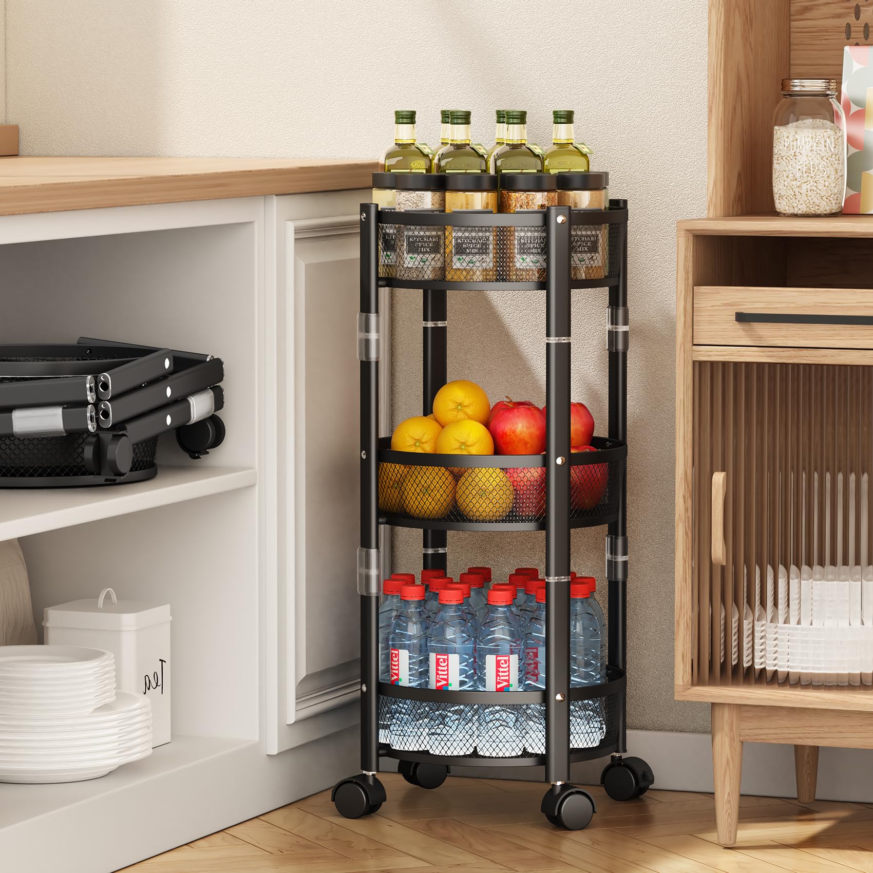 3 Tier Rolling Utility Cart with Wheels - Folding Storage Round Organizer Rack, Collapsible Snack Craft Kitchen Cart