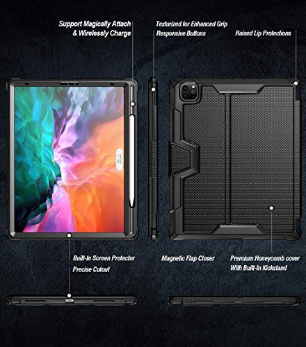 Poetic Explorer Series Designed for iPad Pro 12.9 2020 & 2018 Case, Full Body Triple Layers Tough 360 Degree Stand Folio Cover case with Built-in Screen Protector and Pencil Holder, Black
