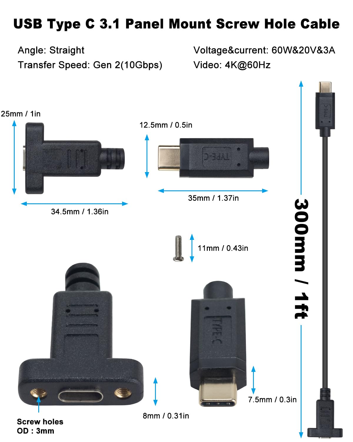 Poyiccot USB 3.1 Type C Extension Cable, USB C Extension Cable Short, USB C Panel Mount 10Gbps 60W USB C Extender Cable for Data & Sync (Straight USB C Male to Female), 1ft/30cm