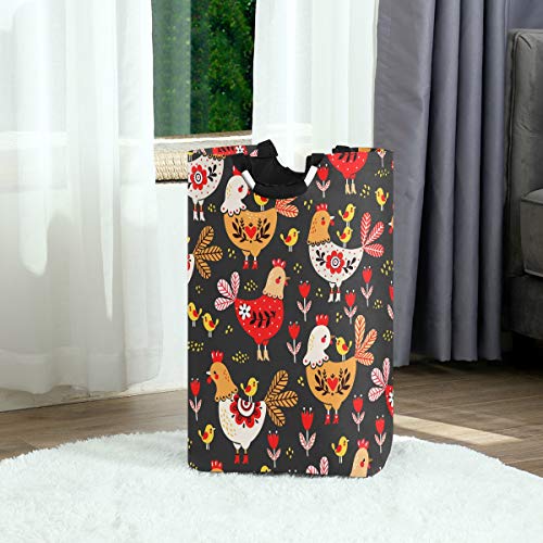 MOYYO Cute Rooster Chickens Laundry Basket Collapsible Laundry Hamper Fabric Laundry Bin Large Dirty Clothes Basket with Durable Handles for Kid Room Toy Bin Bathroom Clothing Organizer