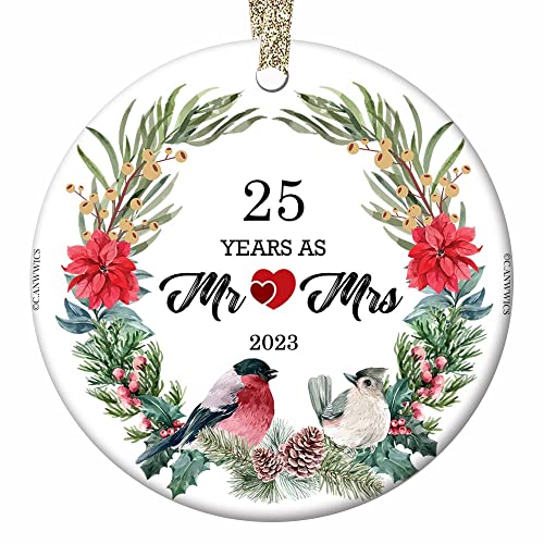 25 Years as Mr. and Mrs. 2023 Lovebirds Ceramic Christmas Tree Ornament Collectible Holiday Keepsake 2.8" Round Ornament in Decorative Gift Bag