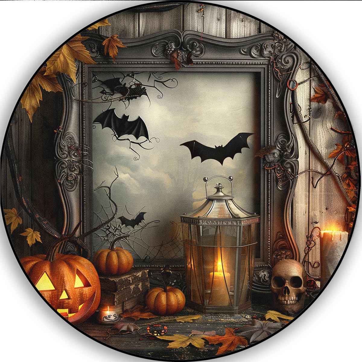 3D Pumpkin 4×4 Circle Area Rugs Halloween Round Rugs Lantern Maple Leaf 4Ft Ultra Soft Carpet,Horror Festival Themed Circular Rugs for Living Room Bathroom