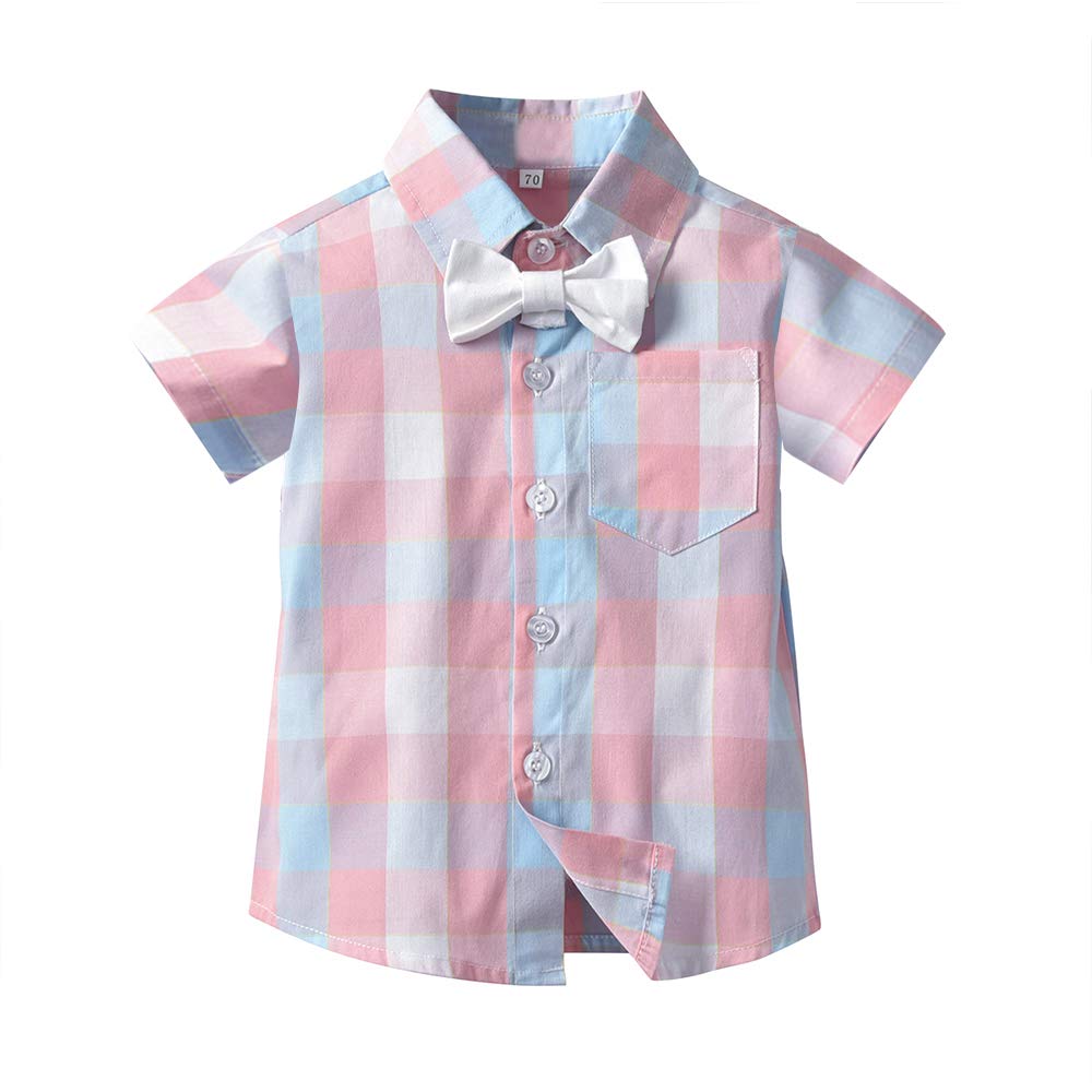 Moyikiss Studio Baby Boys Gentleman Outfit Suits, Infant Boys Short Pants Set, Short Sleeve Shirt+Suspender Pants+Bow Tie (Pink, 120/5Years)