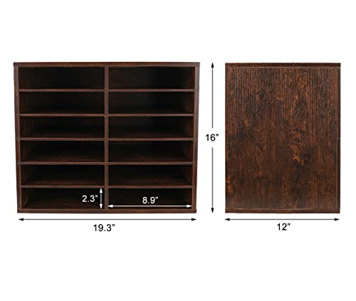 PAG Wood Desktop Literature Organizer Adjustable File Sorter Mail Center Magazine Holder Paper Storage Cabinet Classroom Keepers Mailbox for Office Home School, 12 Compartments, Brown