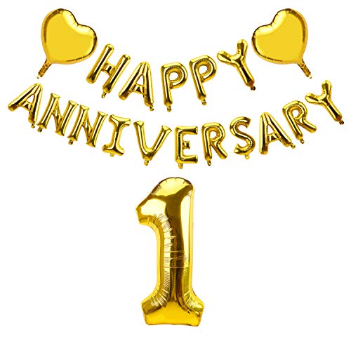 Yoaokiy 1 Year Anniversary Balloon Decorations, Happy 1st Anniversary Party Supplies - Gold Glitter 1 Year Anniversary Balloon Banner with 2 Heart Foil, 1st Wedding Anniversary Supplies Decorations