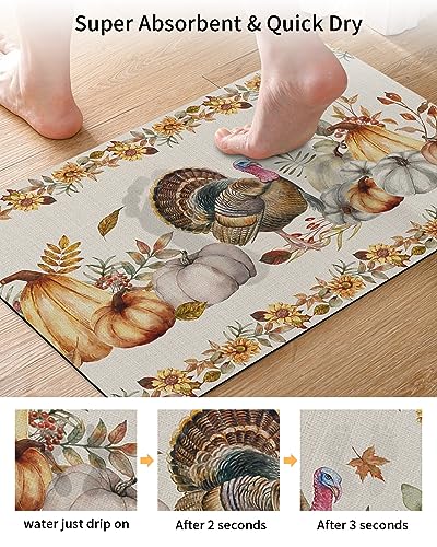 Bathroom Floor Shower Mat, Non-Slip Small Rugs - Easy to Clean, Harvest Turkey with Pumpkins and Sunflowers Maple Leaves Durable Bath Rug 16"x24" Washable Quick Dry Mats for Bathtubs