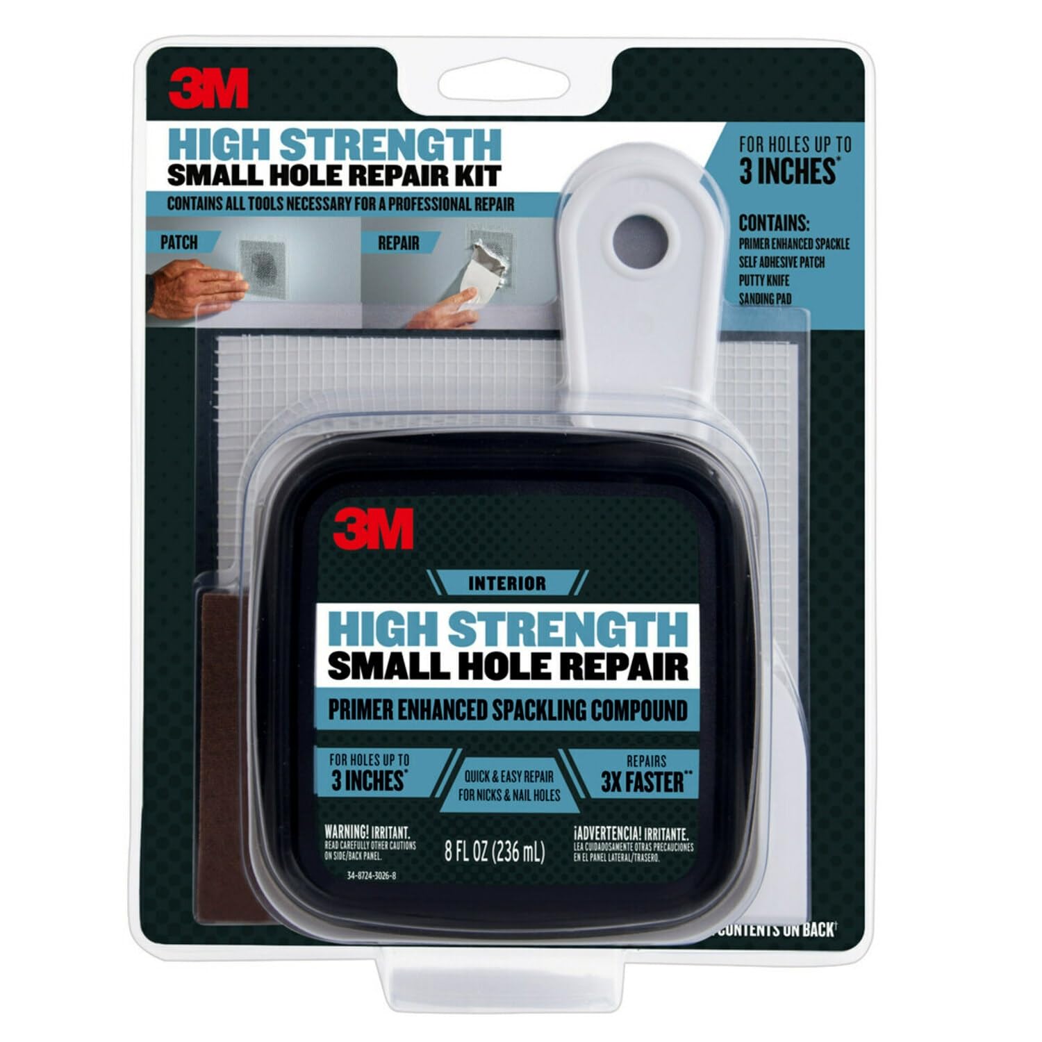 3M High Strength Small Hole Repair Kit, Inlcudes Spackling Compound, Putty Knife, Sanding Sponge, and Self-Adhesive Patch, For Hole Repairs Up To 3" in Diameter, Easy Wall Repair (SHR-KIT)