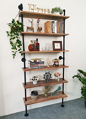 Anynice 6 Tier Industrial Ladder Pipe Shelf Bookcase, Rustic Wall Mounted Pipe Bookshelves for Decor and Storage
