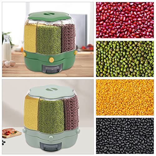 6-Grid Grain Storage Tank, 360° Rotatable Miscellaneous Grains Food Dispenser Grain Storage Box Suitable for All Beans Barley Millet And Other Granular Grains or Pet Food (Large, Light Green)
