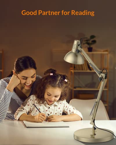 LEPOWER Metal Desk Lamp, Adjustable Goose Neck Architect Table Lamp with On/Off Switch, Swing Arm Desk Lamp with Clamp, Eye-Caring Reading Lamp for Bedroom, Study Room &Office (Brass)