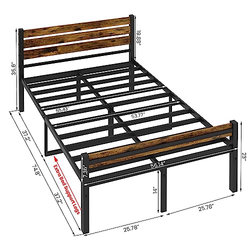 AWQM 14 Inch Full Bed Frame, Metal Platform Full Size Bed Frame with Wood Headboard and Footboard, No Noise, No Box Spring Needed, Bed Central with Extra Metal Support, More Sturdy, Rustic Brown+Black