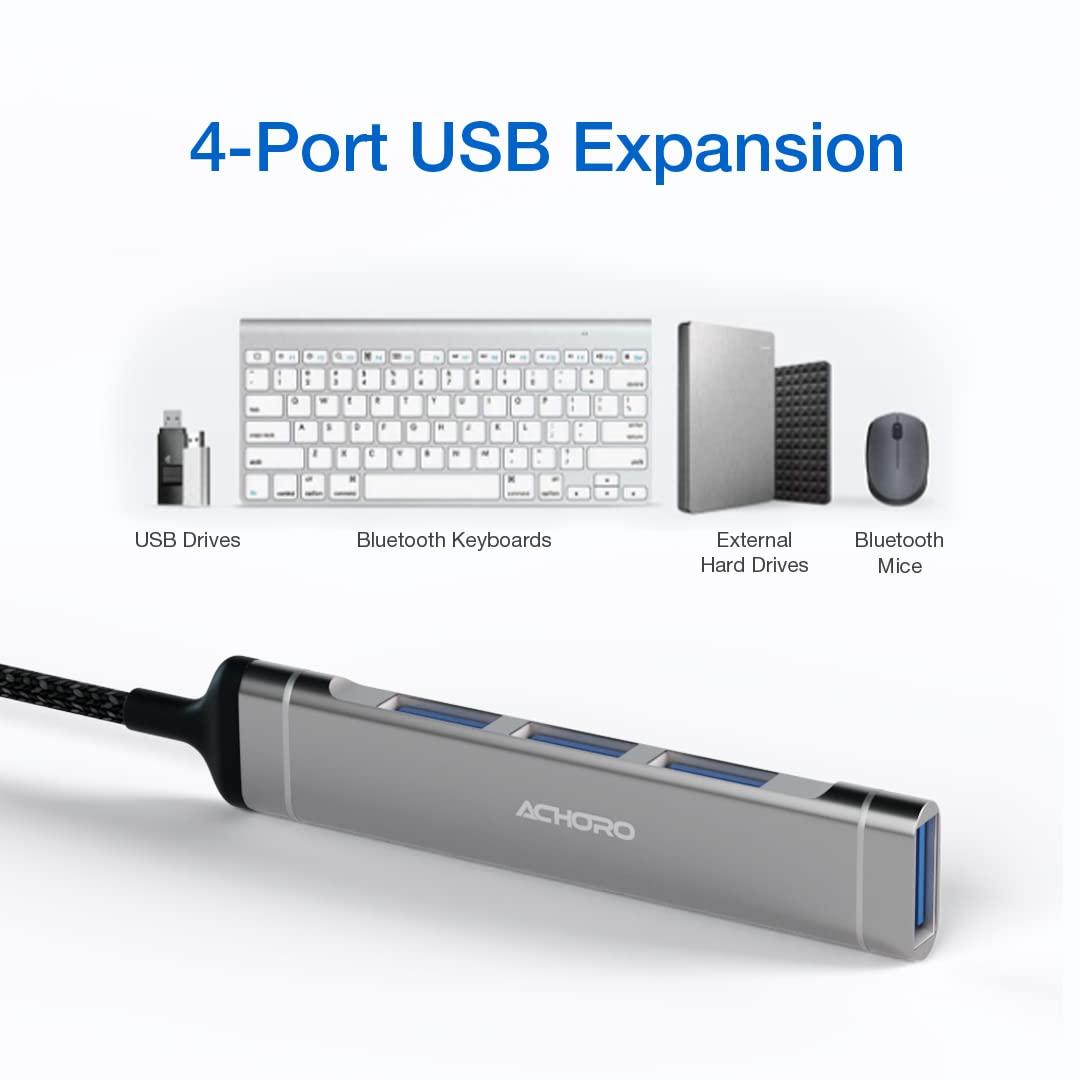 ACHORO 4 USB Hub - Nylon Braided High Speed USB 3.0 & USB 2.0 Multiple USB Port Hub - Aluminium Alloy External USB Port for Laptop, Mac, PCs, β Portable USB Port Expender & Computer USB Hub (4 Ports)