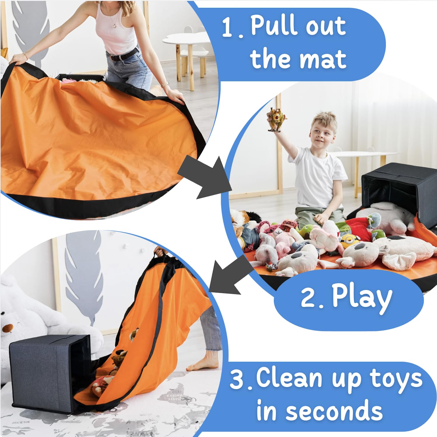 XL Toy Storage Organizer with Play Mat - Storage Bag/Box for Kids, Boys, Girls, Nursery, Playroom - Basket for Building Bricks/Blocks - Collapsible Fabric Cube Bin, 13"x13"x15"