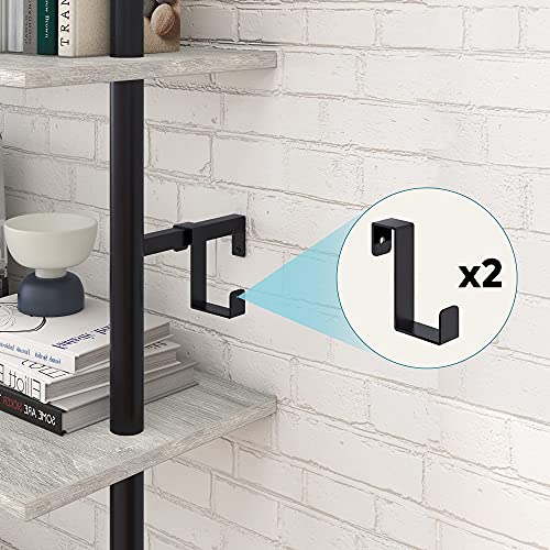 Bestier 70" Industrial Wall-Mounted Ladder Shelf 5 Tier Bookshelf with Storage Organizer Plant Flower Display Stand Round Tube Bookcase Rack with 2 Hooks for Home Office, Gray