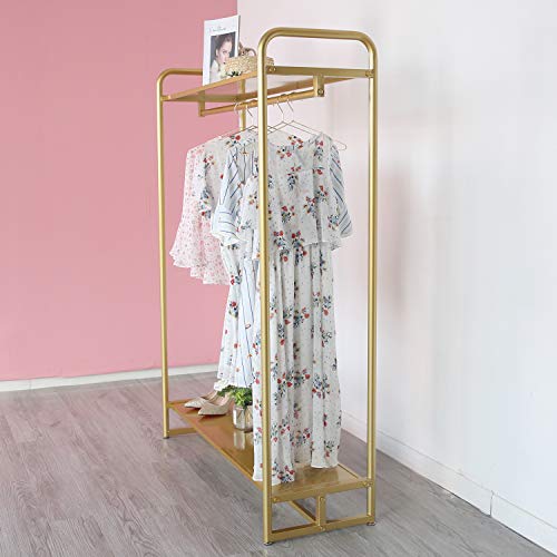 HOMEKAYT Gold Clothing Rack Modern Boutique Display Rack with 2-Tier Shelf Full Metal Garment Rack Multiple Uses Hanging Rack for Home and Retail (47.2ββL)