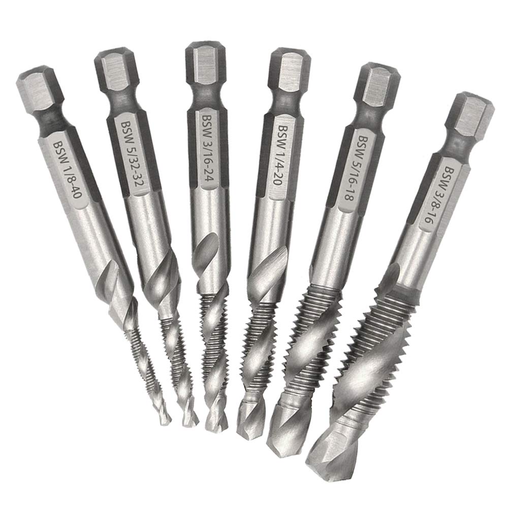Saiper 6pcs Drill Tap Combination Bit Set (1/8''-3/8'') with 1/4" Hex Shank, HSS 4341 Drill Tap Countersink Screw Thread Bits