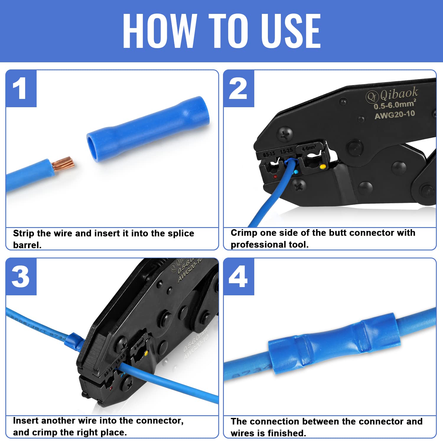 Qibaok 300 PCS Butt Splice Crimp Connectors Insulated Electrical Straight Wire Terminal Connectors 10-22AWG