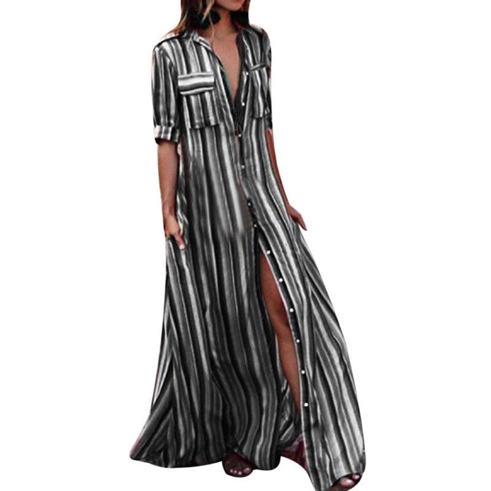 F_Gotal Womens Rainbow Loose Button Down Stripes Roll Up Sleeve Maxi Dress with Pockets Beach Sundress Party Cocktail