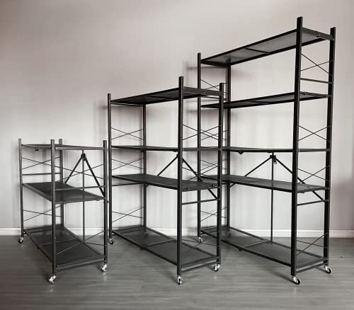 Grezone Foldable Shelves 5 Tier Storage Shelving Unit with Wheels No Assembly Heavy Duty Metal Shelf Rack for Garage Kitchen Hold up to 1250 lbs (39”×13.5”×63”)