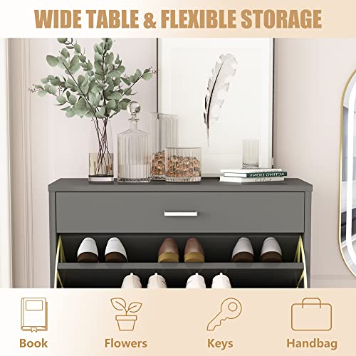 AWQM Shoe Cabinet for Entryway, Modern Free Standing Shoe Storage Cabinets, Wooden Slim Shoe Organizer Cabinet for Entryway, Hallway - Grey (Men's 8.5)