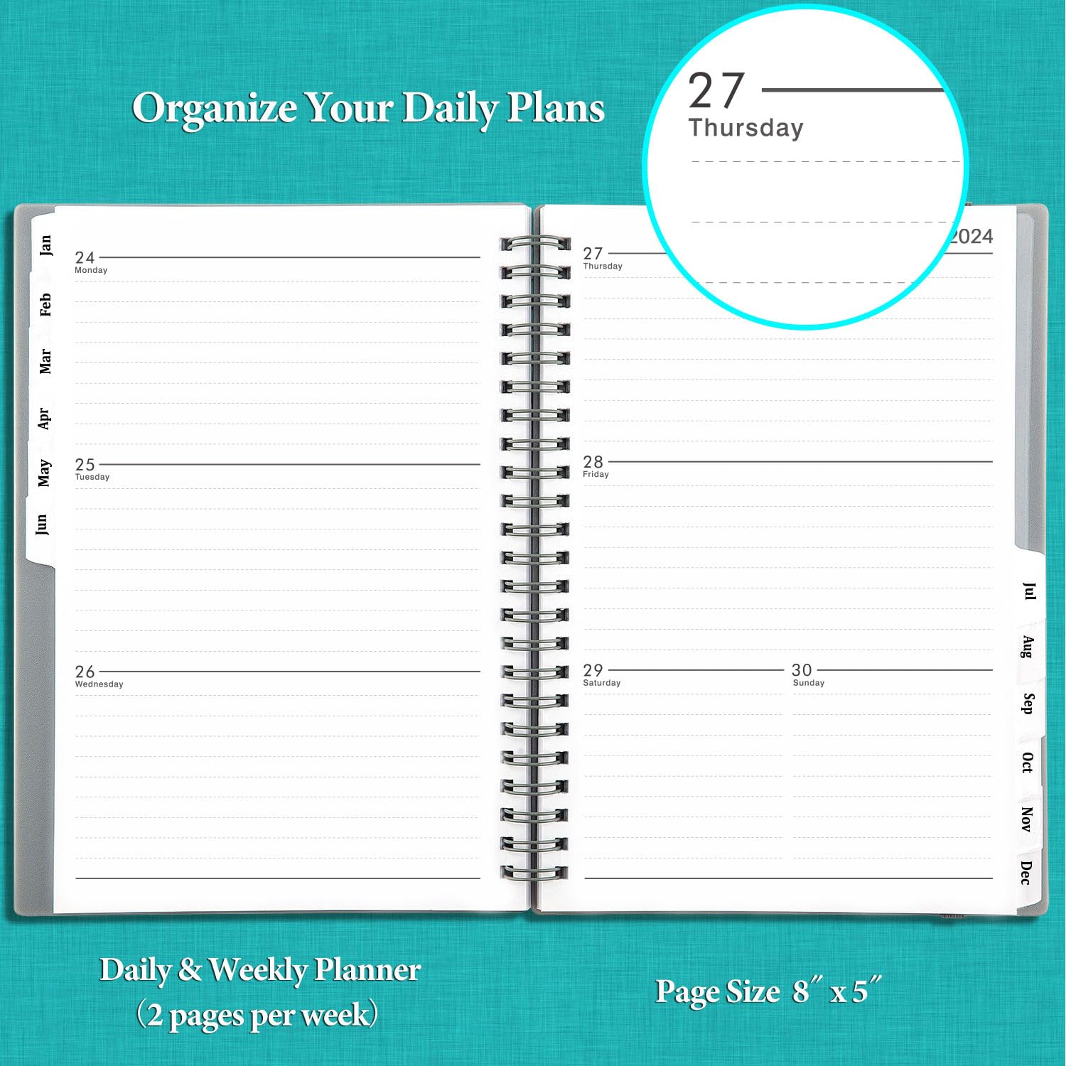2024 Planner - Planner 2024 from January 2024 - December 2024, Planner with Weekly & Monthly Spreads, 6.25" x 8.3", 12 Monthly Tabs, Strong Twin-Wire Binding
