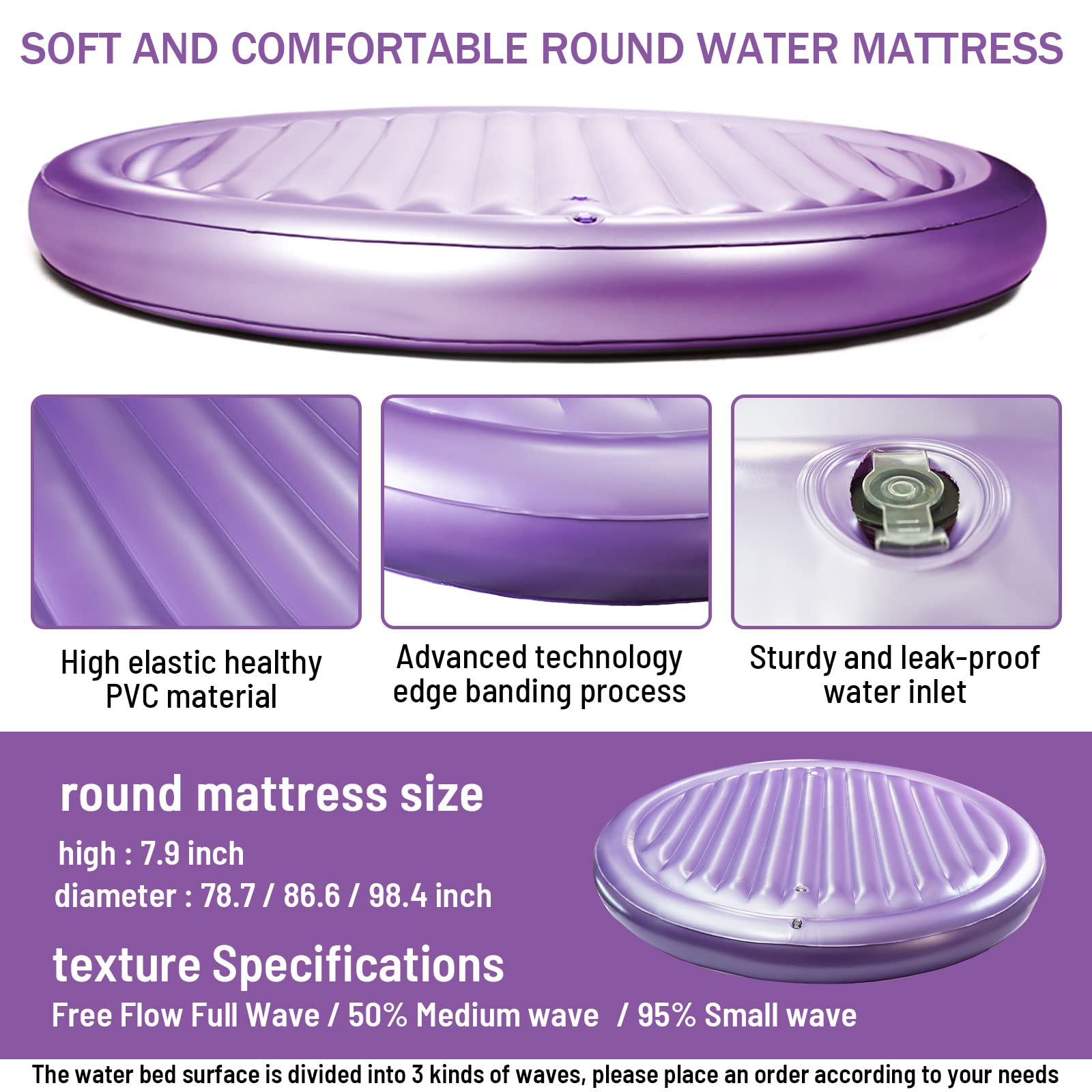 Round Water Bed Matresses - Purple Softside Waterbed Zero Pressure Water Bed Strong Bearing Suitable for The Elderly, Children, Adults (86.6inch, 50% Medium Wave)