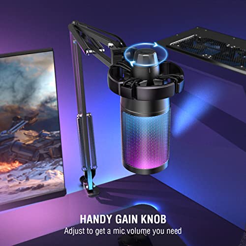 FIFINE Gaming PC USB Microphone, Podcast Condenser Mic with Boom Arm, Pop Filter, Mute Button for Streaming, Twitch, Online Chat, RGB Computer Mic for PS4/5 PC Gamer Youtuber-AmpliGame A6T