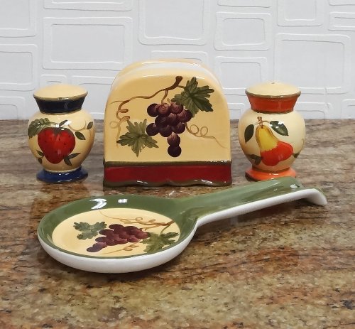 ACK Tuscany Garden Ceramic Colorful Hand Painted Mixed Fruit 4PCs Stove/Table Top Set,Pepper and Salt Shakers,Napkin Holder and Spoon Rest, Kitchen Décor