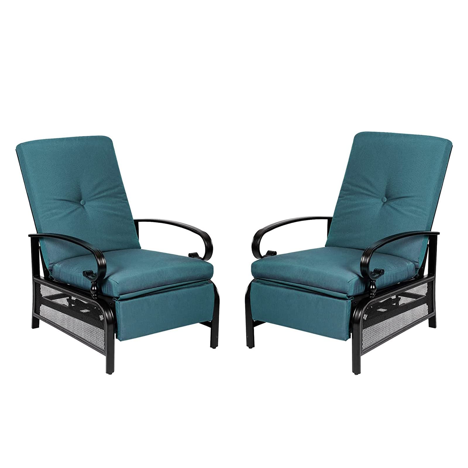 Crownland Outdoor Patio Furniture Adjustable Reclining Lounge Chair Set, Patio Black Metal Recliner with Peacock Blue Removable Cushion (2 Pieces)