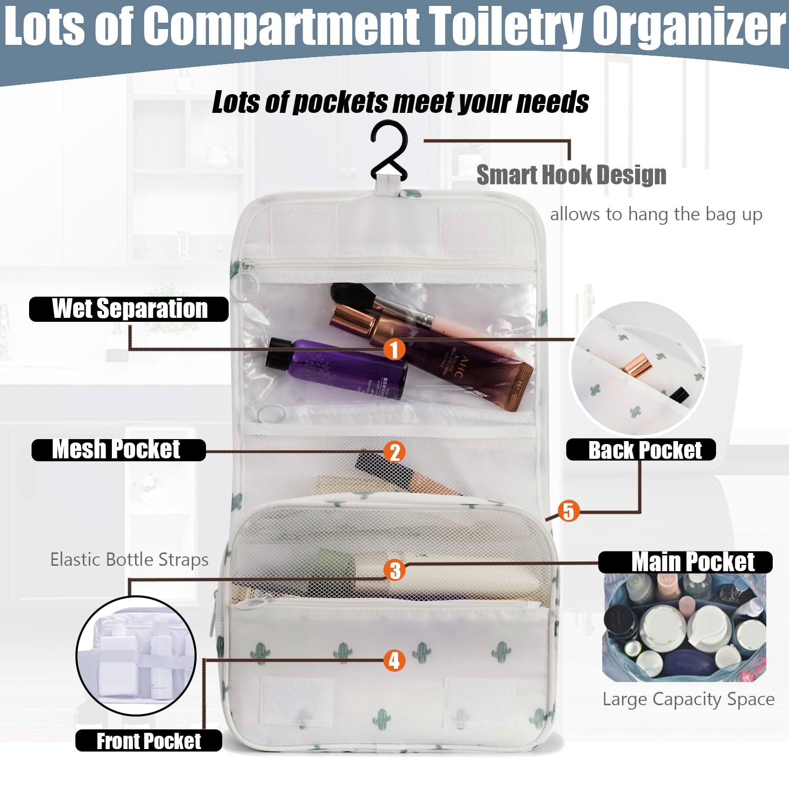 L&FY Toiletry Bag-Portable Haning Toiletry Bag For Women-Travel Makeup Organizer Cosmetic Bag with Compartment,Stury Hook (White Cactus/Travel Bag)
