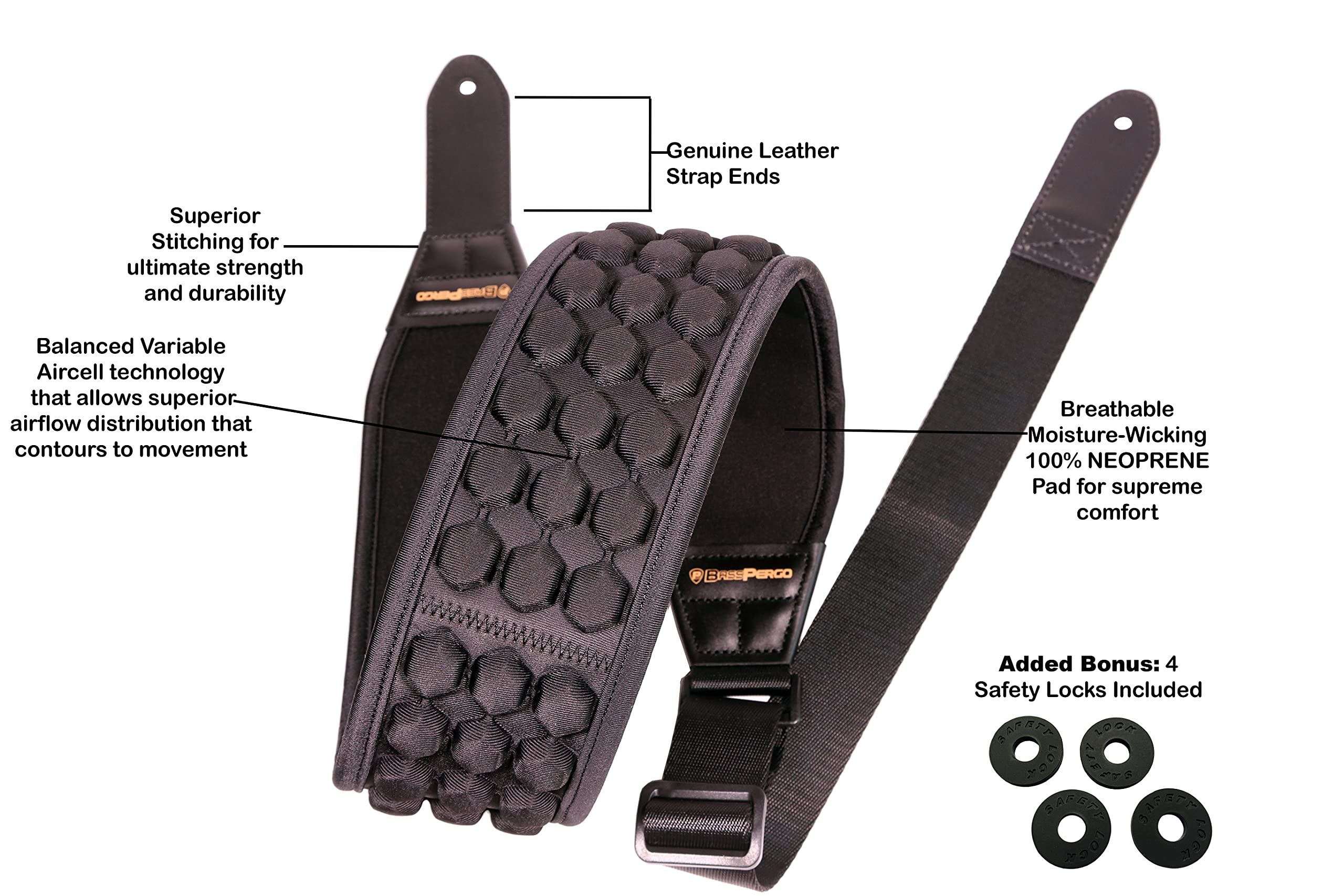 Bass Pergo AirCell Guitar Strap for Electric Guitar, Bass & Acoustic with 3.5" Wide Neoprene Pad w/ 4 Straps Locks, Adjustable Length from 47" to 55.", Black β Soft & Durable