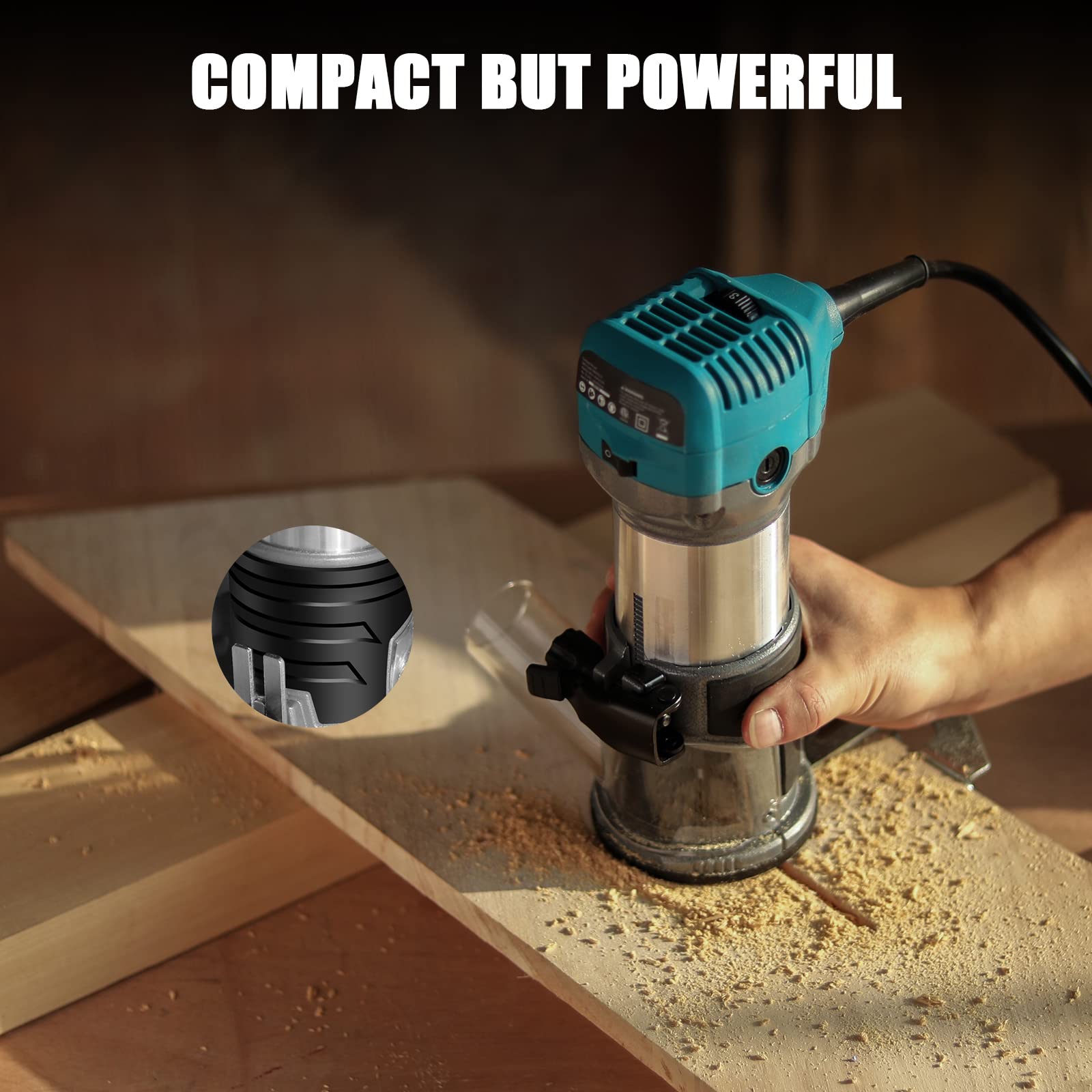 6.5-Amp Wood Router Tool, 1.25 HP Compact Trim Router with 6 Variable Speed, Fixed Base, 1/4" & 3/8" Collets, Edge Guide, Roller Guide, and Dust Hood