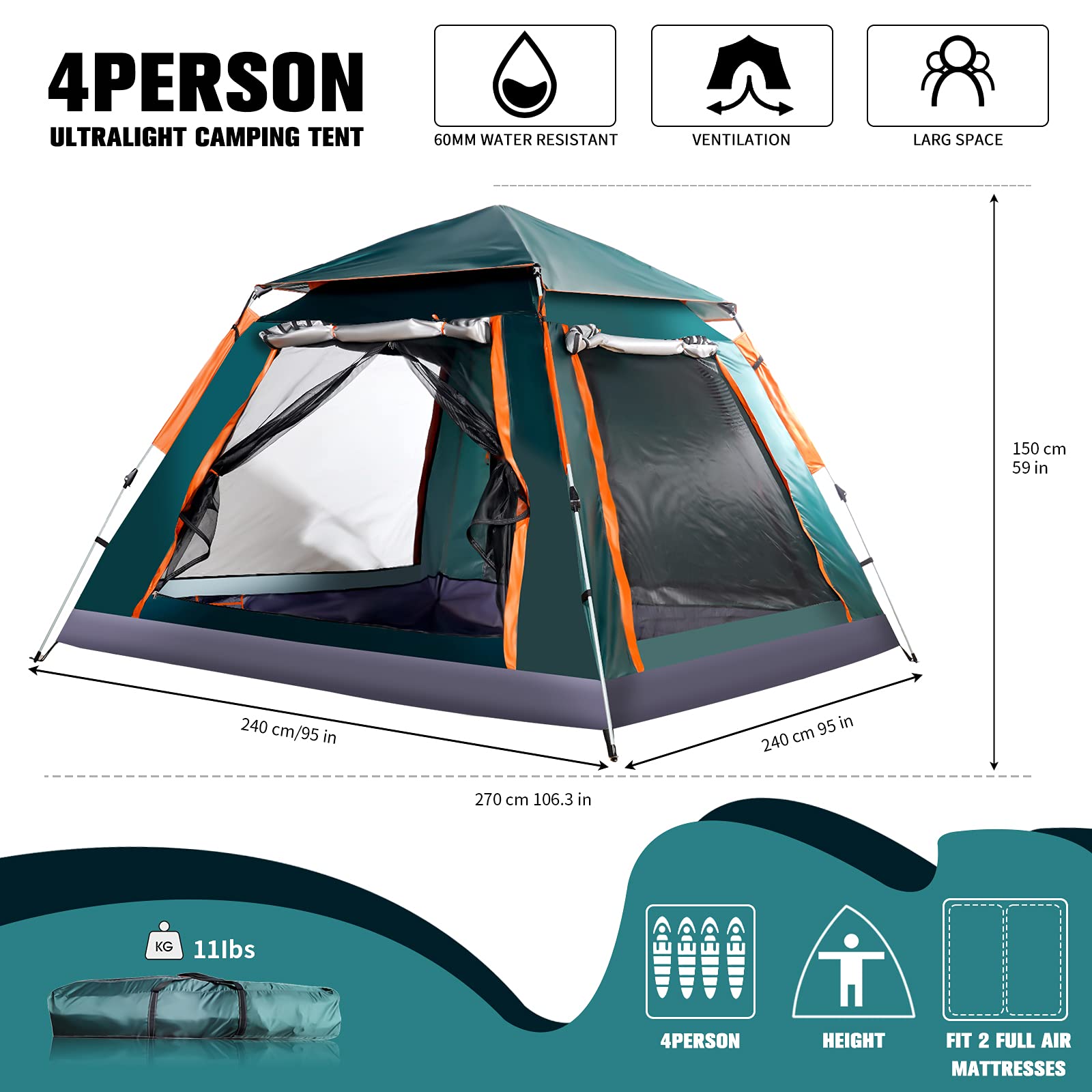 3-4-Person Waterproof Pop up Camping Tent with Rainfly Instant Tent Portable with Carring Bag (Green)