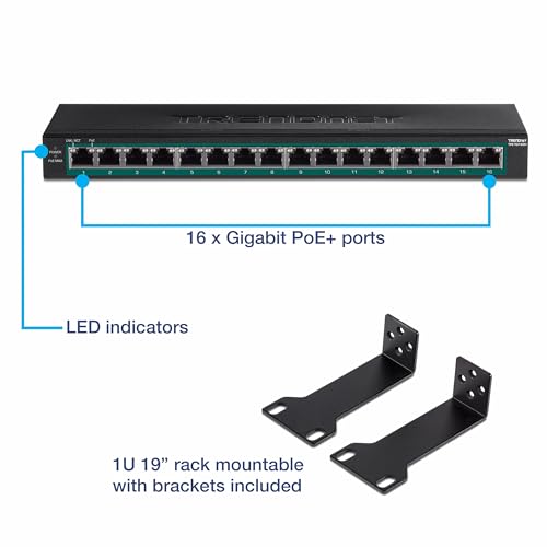 TRENDnet 16-Port Gigabit PoE+ Switch, TPE-TG160H, 123W PoE Power Budget, 32 Gbps Switching Capacity, Desktop Switch, Ethernet Network Switch, Metal, 1U 10" Rack Mountable, Lifetime Protection
