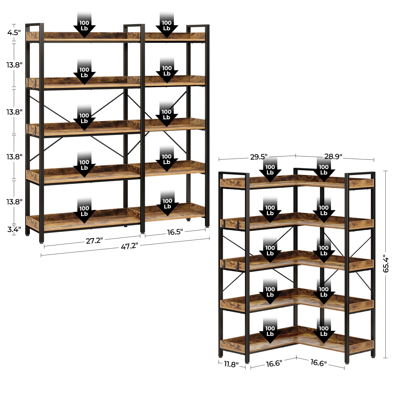 Rolanstar Bookshelf 5 Tier with 4 Hooks, Reversible Corner Bookshelf, 65" Industrial Wooden Bookcase with Open Shelves and Metal Frame for Living Room, Bedroom, Home Office, Rustic Brown