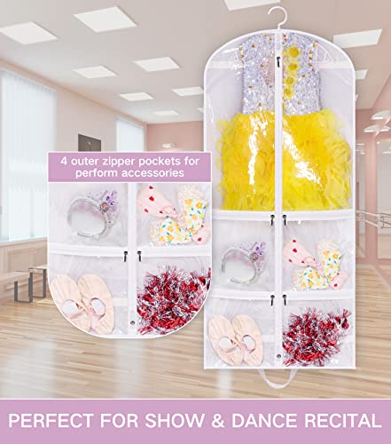 SLEEPING LAMB Clear Garment Bag for Dance Costume Kids 50 Inch Hanging Clothes Cover for Closet Storage With 4 Large Zipper Pockets for Ballet, Theatre, Competitions, 3 Packs, White