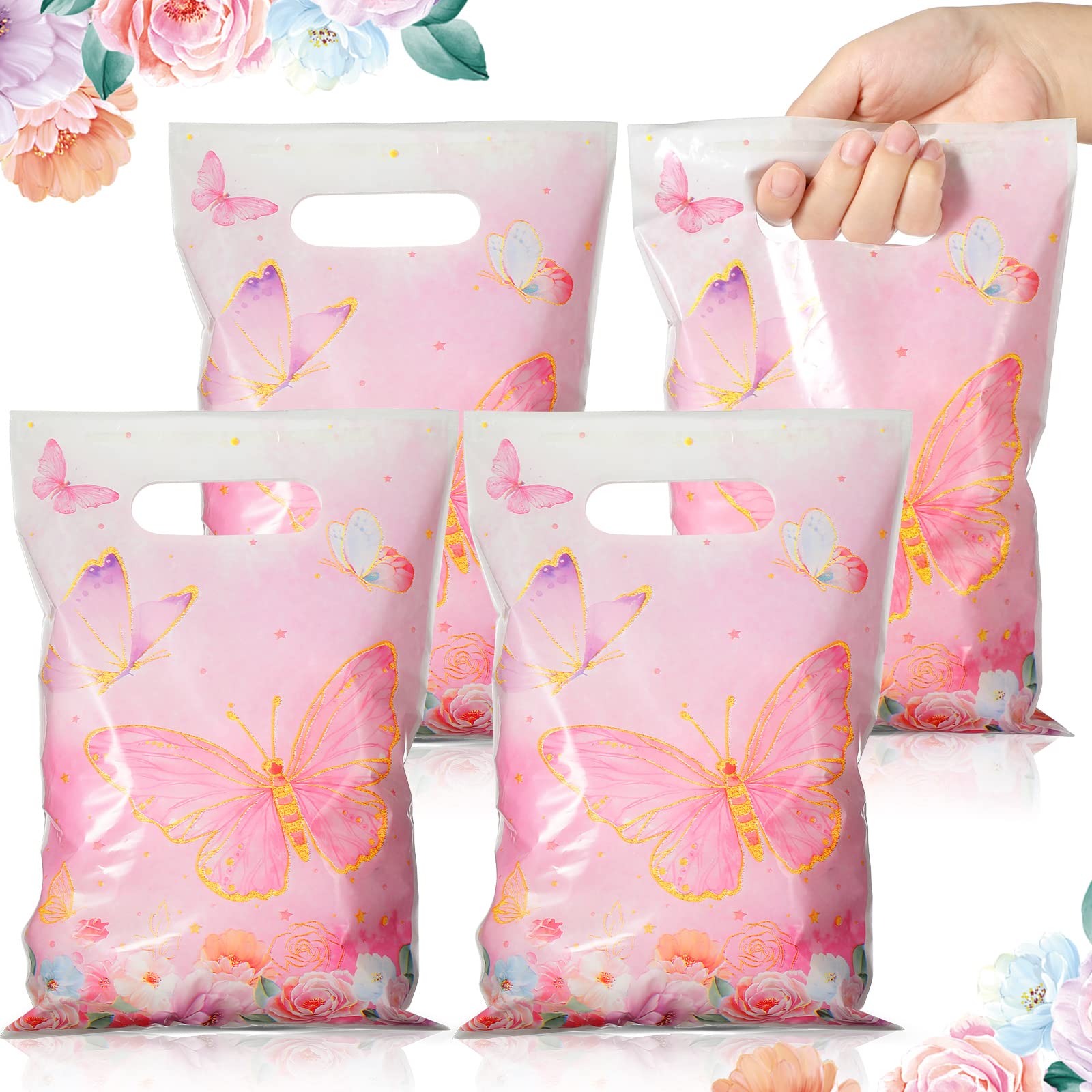 Teling 50 Pcs Butterfly Gift Bags Plastic Small Pink Butterfly Candy Bags Butterfly Birthday Goodie Bag with Die Cut Handle for Butterfly Theme Party Gift Wrapping Supplies Decor, 7 x 10 Inch