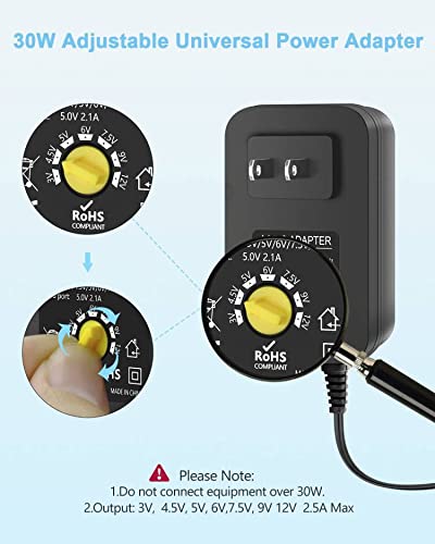 Aclorol Universal Power Adapter 30W 12V 9V 7.5V 6V 5V 4.5V 3V Adjustable Variable Power Supply AC/DC Adapter Converter Switching 100V-240V AC to DC 3V-12V with Polarity Converter & 14 Tips