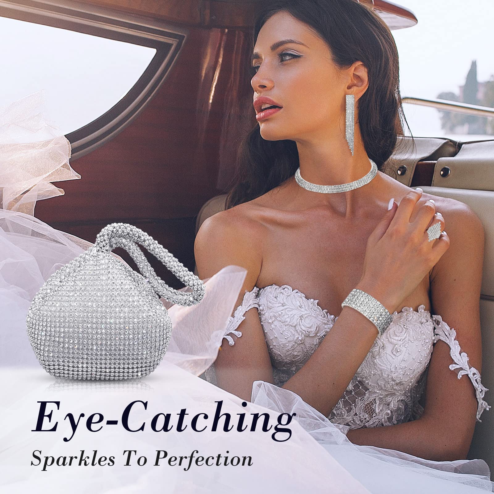 5 Pcs Women Crystal Jewelry Set Wedding Triangle Bling Evening Clutch Bag Glitter Rhinestone Stretch Choker Necklace Bracelet Ring Dangle Fringe Earrings for Bride and Bridesmaids (Silver)