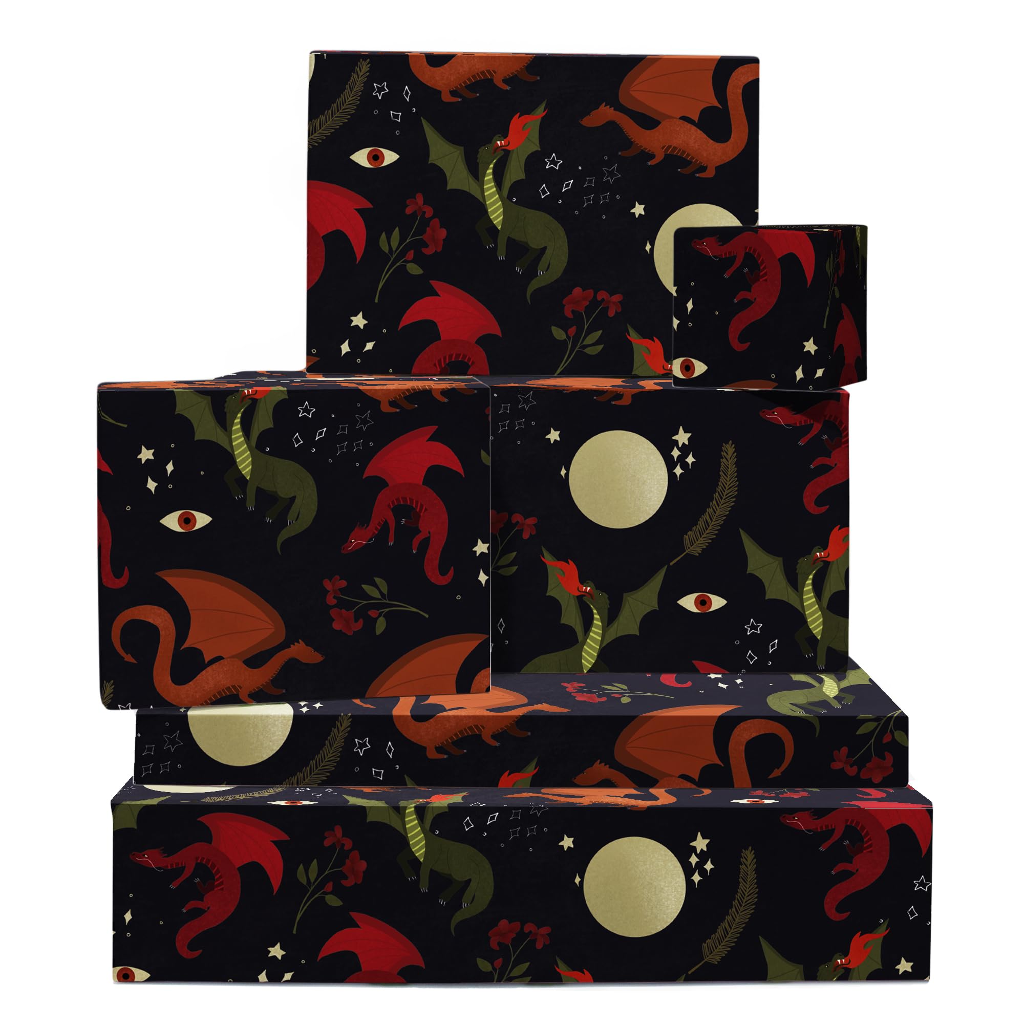 CENTRAL 23 Black Wrapping Paper - 6 Sheets of Birthday Gift Wrap - Dragons - Moon - Star - For Men Women - Halloween - Comes with Stickers - Recyclable