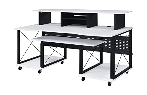 Acme Furniture Megara 72" x 30" Rectangular Metal Storage Music Desk, Included Wheels, Multiple Functional & Storage Spaces, in White and Black Finish