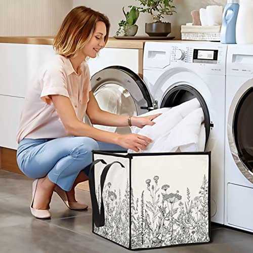 Blueangle Black and White Flowers Cube Storage Bin with Handles, 13 x 13 x 13 in, Large Collapsible Organizer Storage Basket for Home Décor(1137)