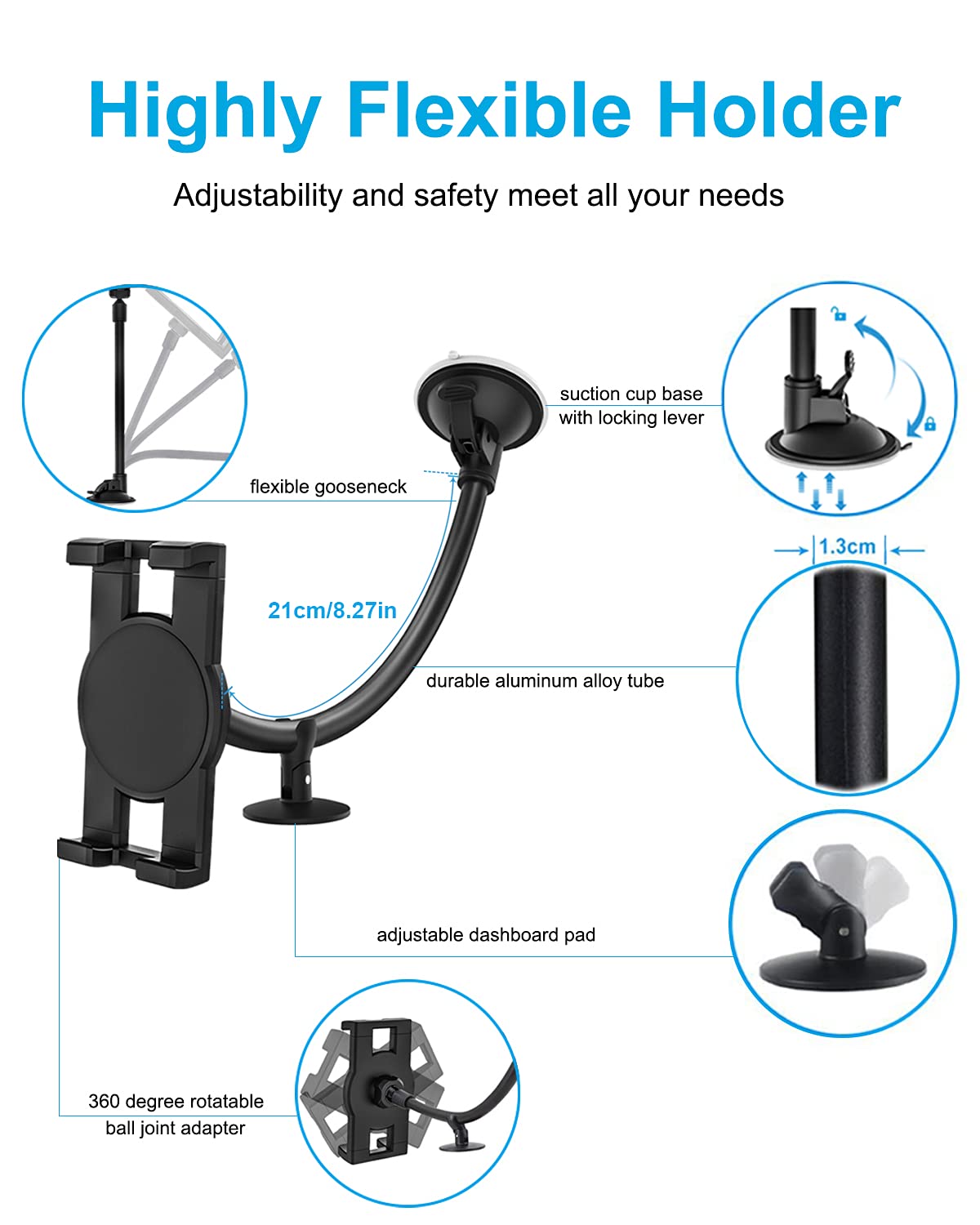 woleyi Windshield Car Tablet Mount, Car/Truck Window Dashboard Tablet Holder with Long Arm Suction Cup, Compatible with iPad Pro/Air/Mini, Galaxy Tab/Z Fold, iPhone, More 4-13" Cell Phones and Tablets