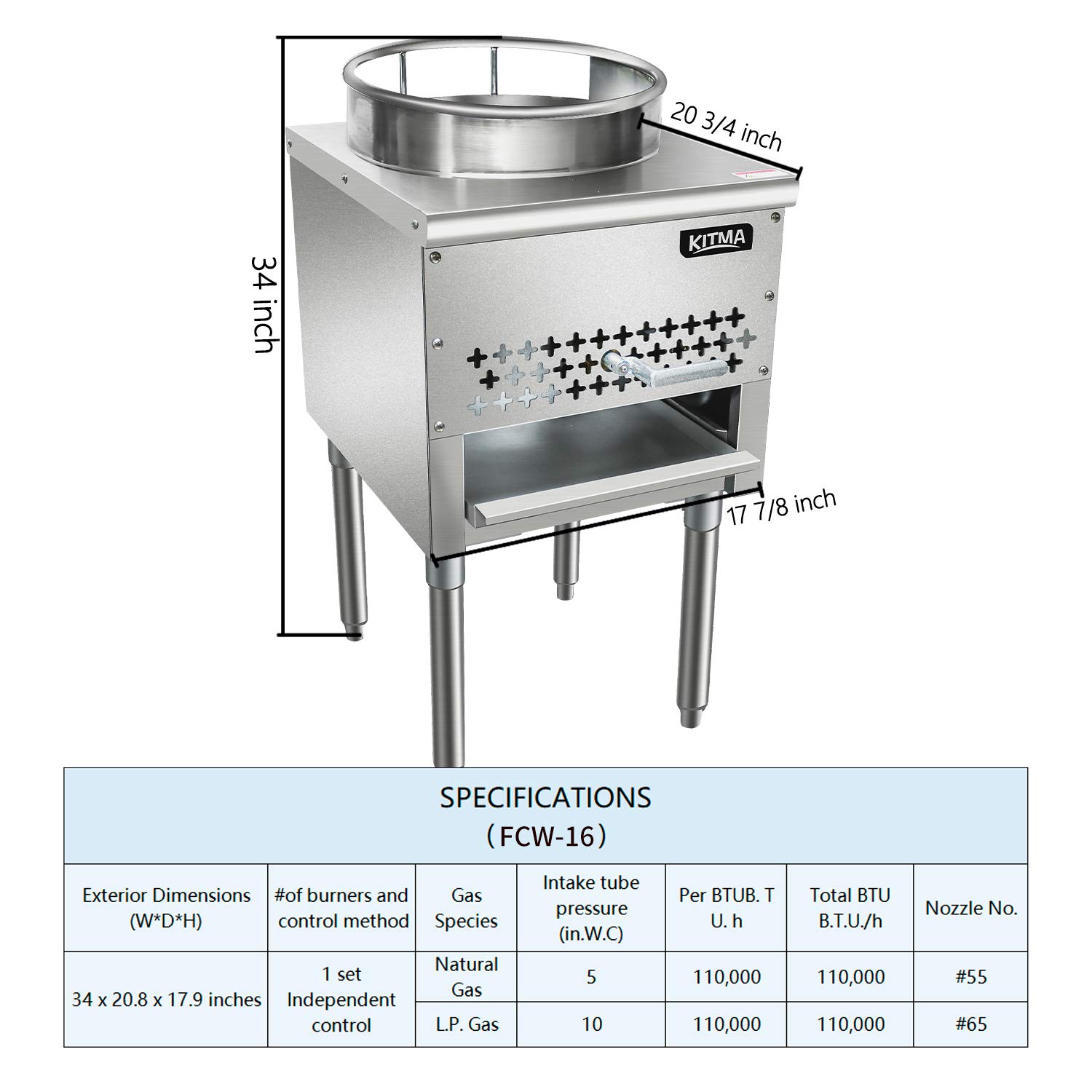 KITMA 16" Gas Wok Range - Commercial Liquid Propane Restaurant Equipment, 110,000 BTU