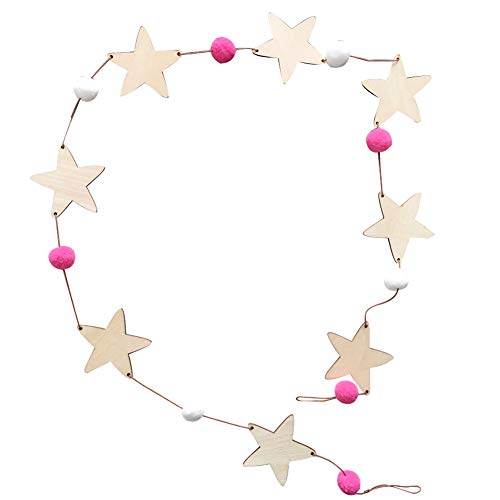 wsloftyGYd Nordic Household Wooden Star Fluffy Ball Hanging Ornament Kids Girl Room Decor Rose Red+White