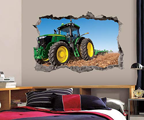 Green Tractor Wall Decal Art Decor 3D Smashed Concrete Farm Sticker Kids Bedroom Mural Custom Gift UP26 (24"W x 16"H)