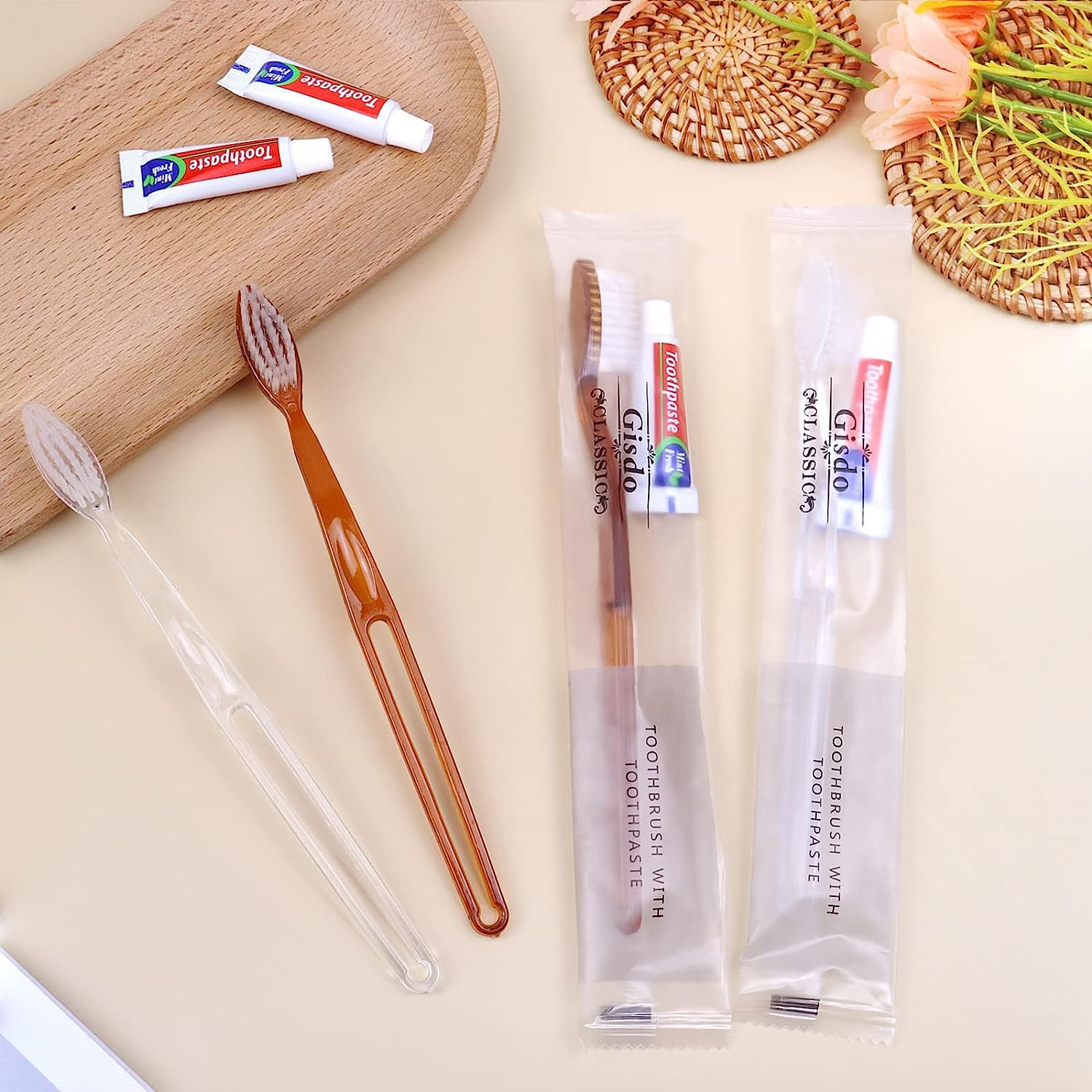 60 Pack Disposable Toothbrushes with Toothpaste Set, Individually Wrapped Disposable Toothbrushes Bulk Toothbrushes Medium Soft Bristle, Manual Travel Toothbrush Set for Travel Hotel Guest, 2 Colors